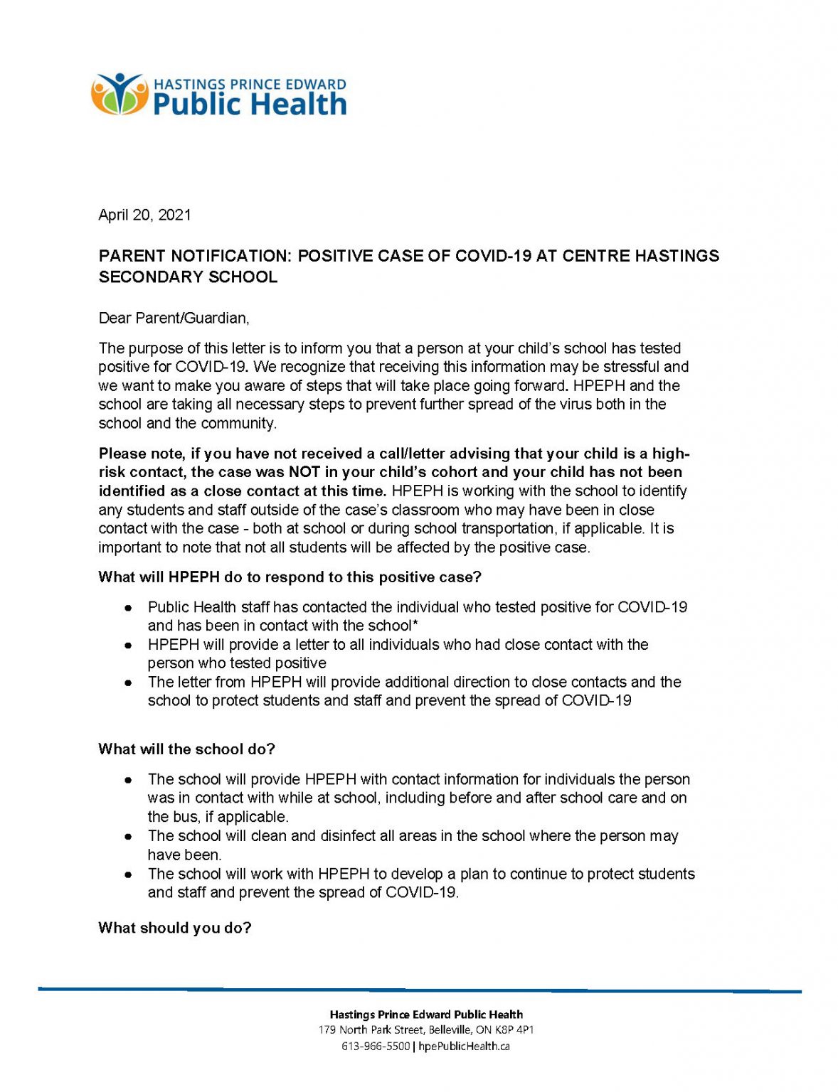 Positive COVID-19 test at Centre Hastings Secondary | Quinte News